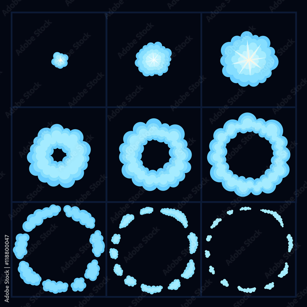 Vector de Stock Explode effect animation with smoke. Cartoon bang ...