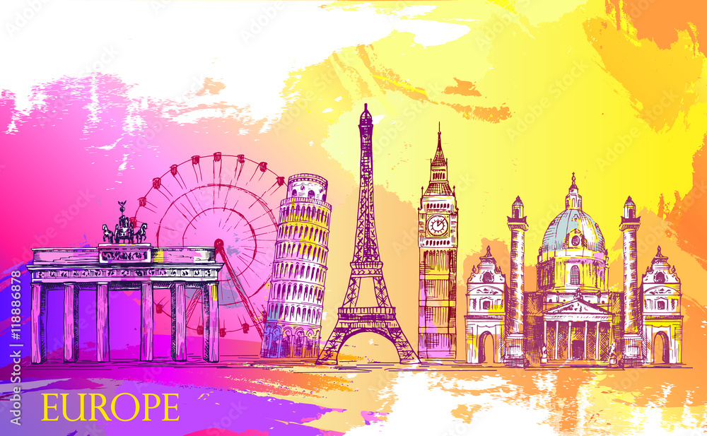 Skyline of Europe, detailed silhouette.Travel Landmarks. vector ...