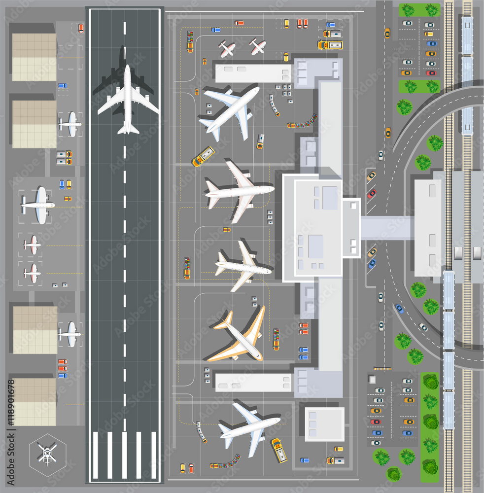 Airport passenger terminal top view. The runway of the aircraft ...