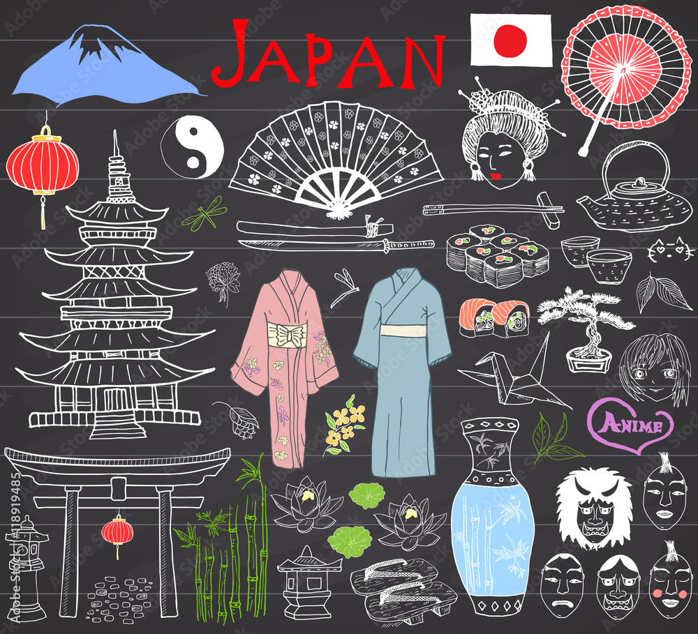 Japan doodles set. Hand drawn sketch vector illustration. Stock Vector ...