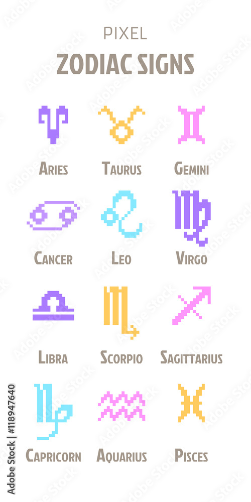 Set of 12 pixel art astrological sign icons isolated on white ...