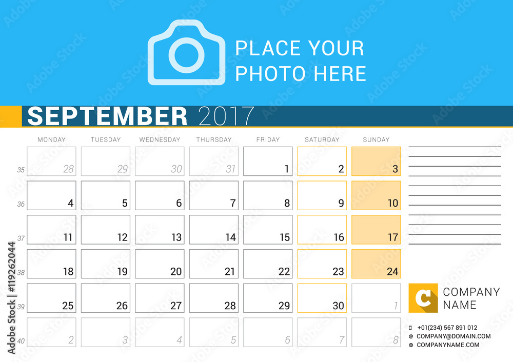 Desk Calendar for 2017 Year. September. Vector Design Print Template ...