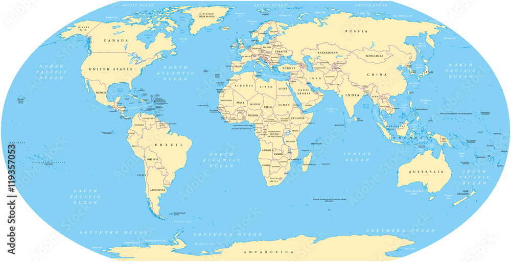 World map with shorelines, national borders, oceans and seas under the ...