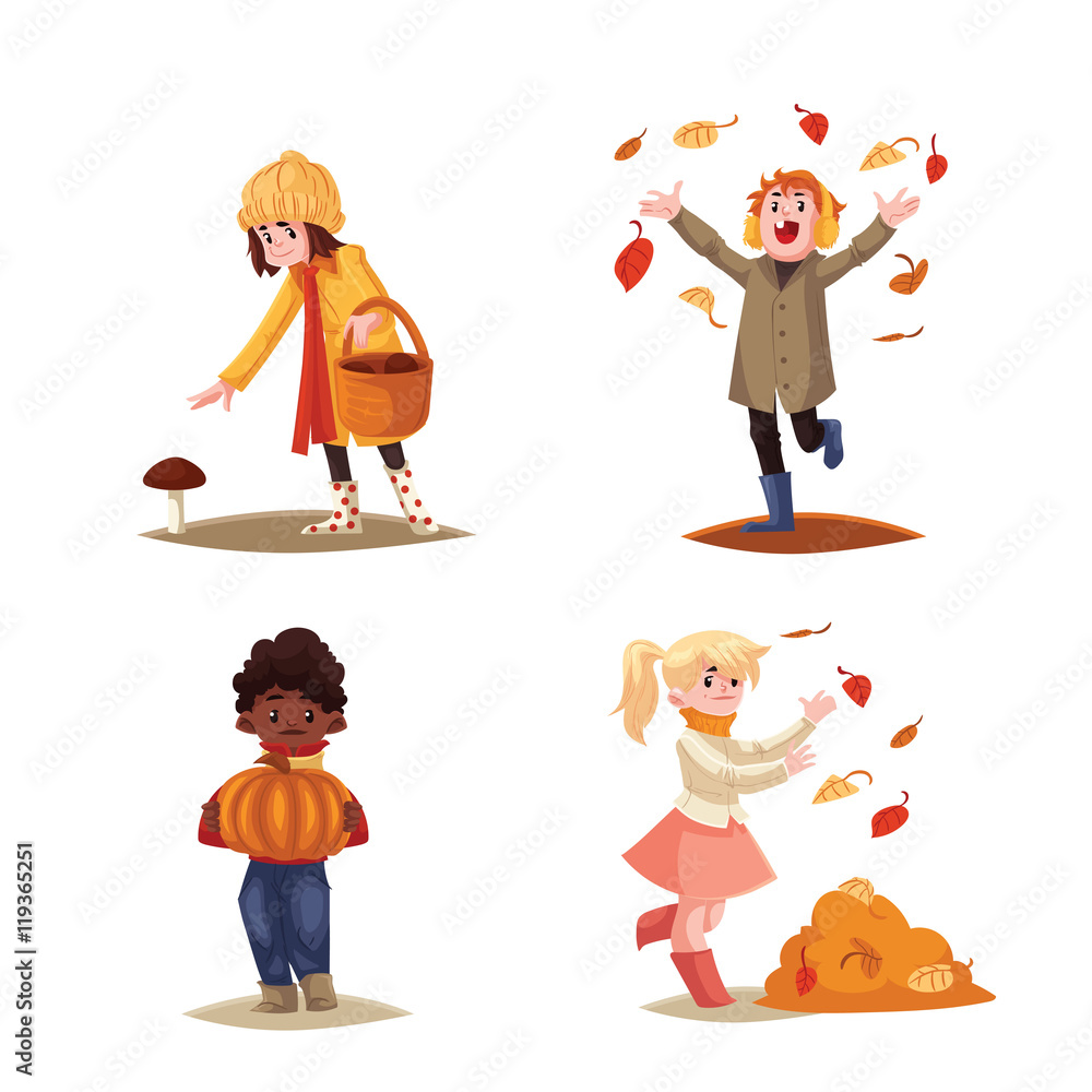Set of kids enjoying outdoor fall activities, cartoon style vector ...