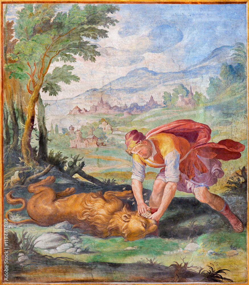ROME, ITALY - MARCH 11, 2016: The fresco Samson wrestling a lion, and ...