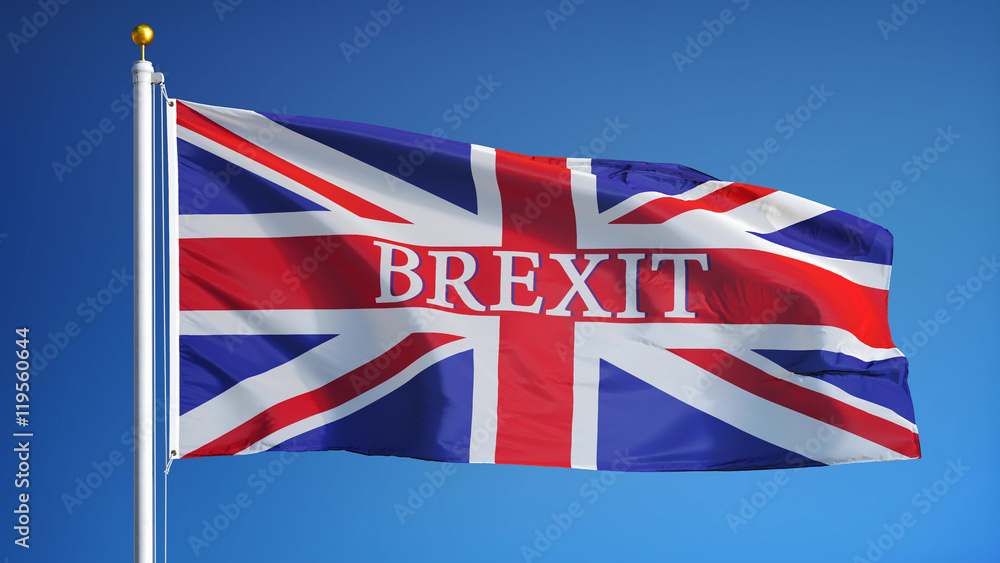 Great Britain Brexit flag waving against clean blue sky, close up ...