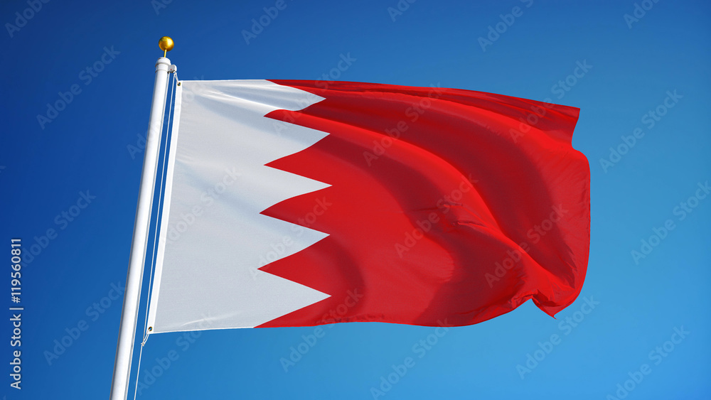 Bahrain flag waving against clean blue sky, close up, isolated with ...