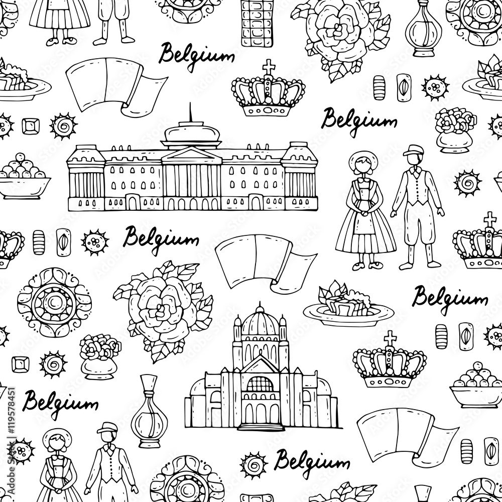 Vector seamless pattern with hand drawn symbols of Belgium on white ...