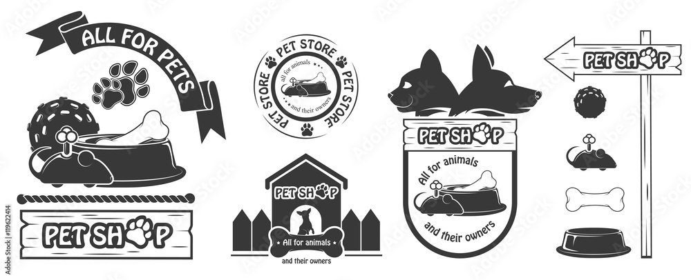 Vector set of logos and emblems for a pet store. Vector image, logo ...