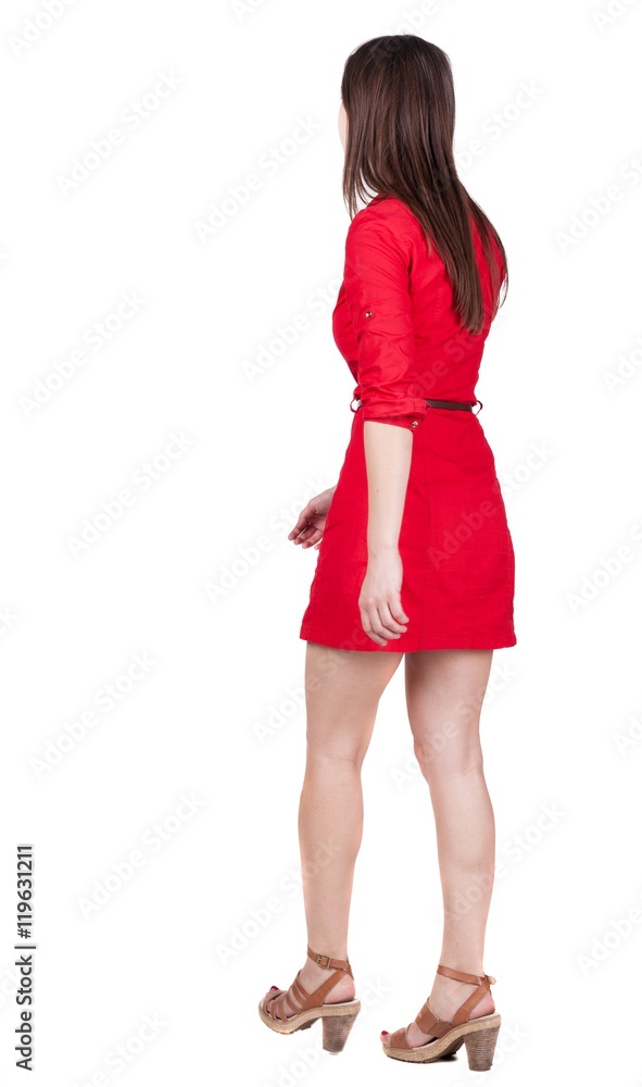 back view of walking woman . going gir in motion. Rear view people ...