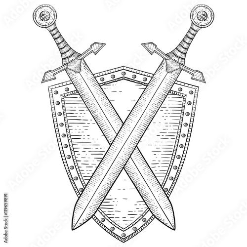 Shield with crossed swords. Hand drawn sketch – Stock-Vektorgrafik ... Shield with crossed swords. Hand drawn sketch – Stock-Vektorgrafik ...
