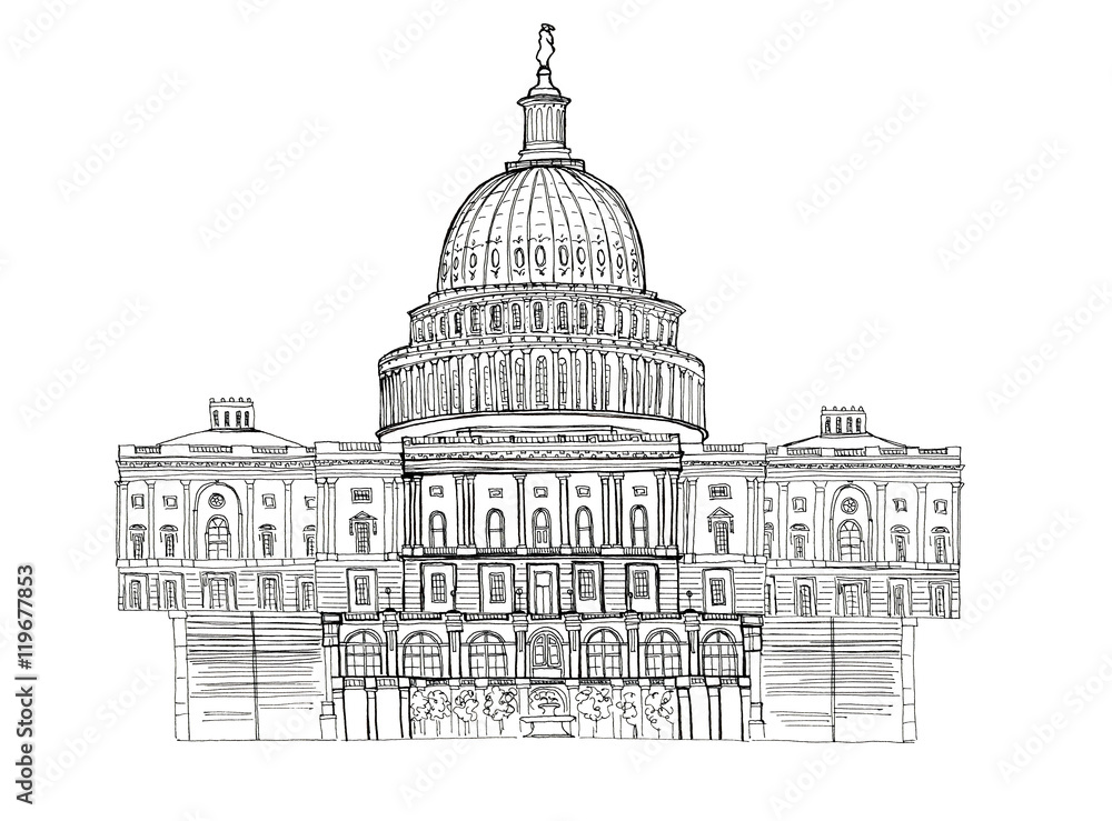 Hand drawn architecture sketch illustration of Capitol Washington DC ...