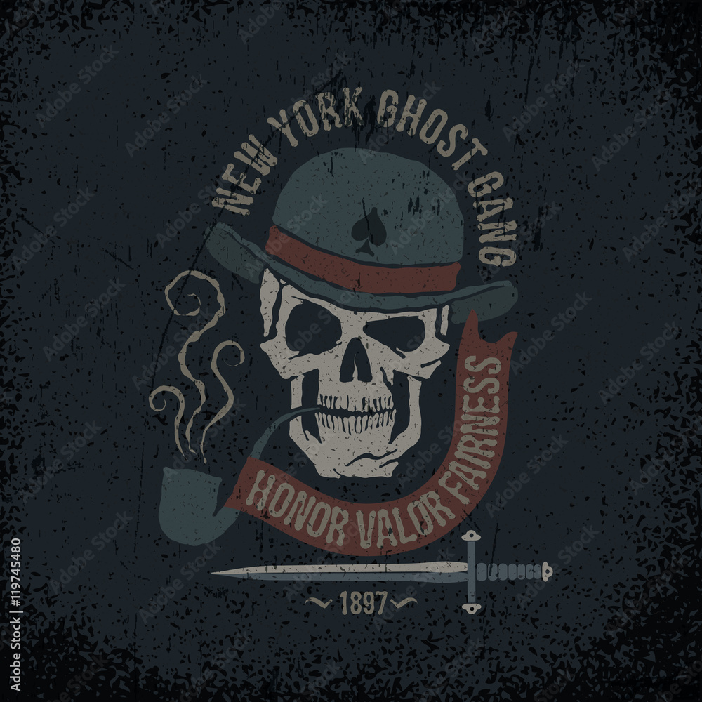 เวกเตอร์ Stock Gangster grunge logo with a skull in a bowler hat, with ...