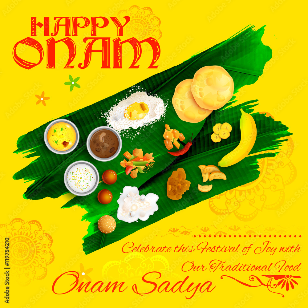 Onam Sadya feast on banana leaf Stock Vector | Adobe Stock