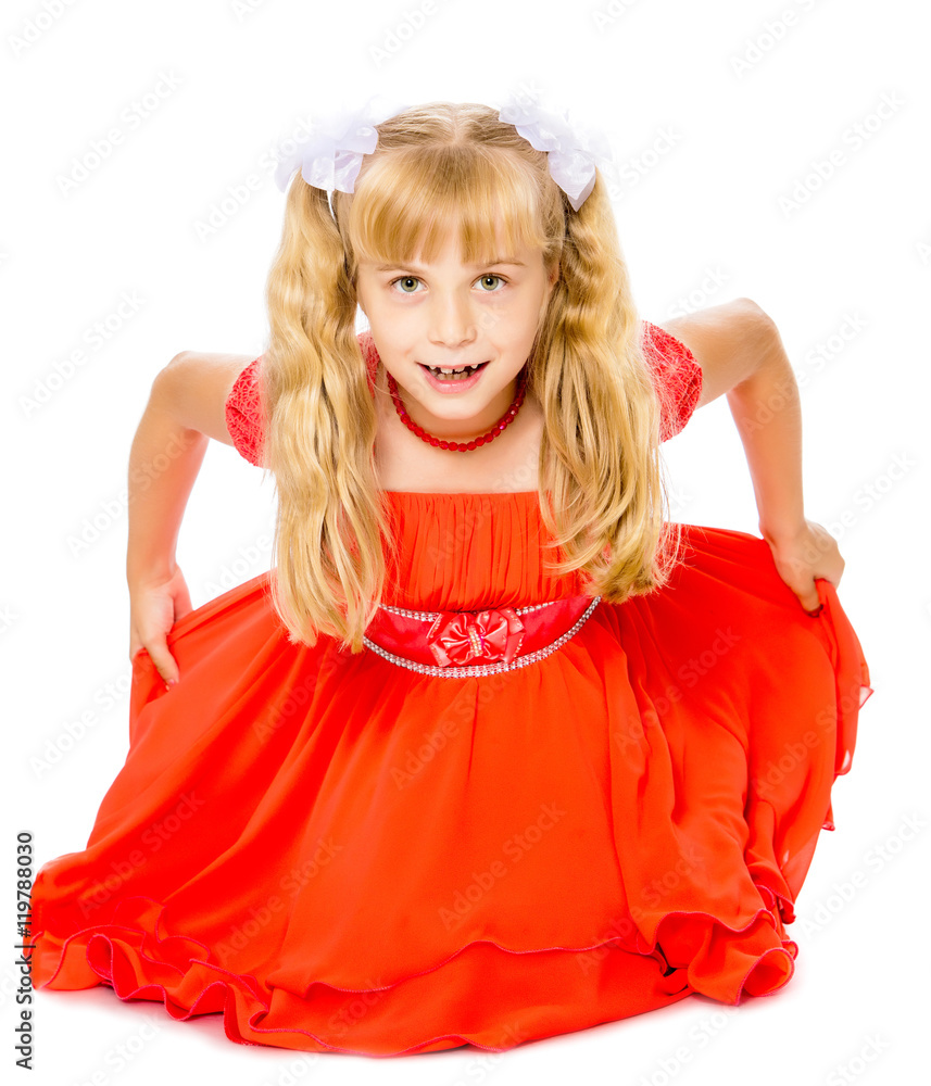Little girl in orange dress Stock Photo | Adobe Stock