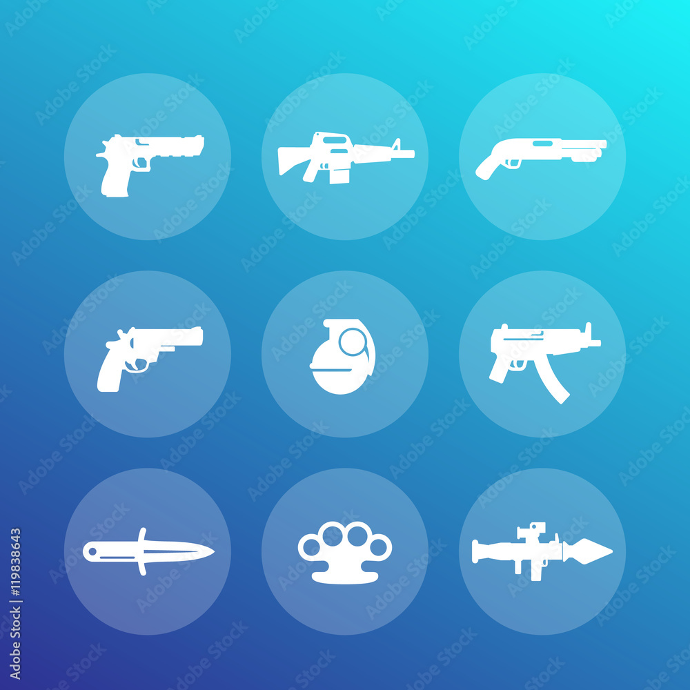 weapons icons set, pistol, rifle, revolver, shotgun, grenade, machine ...