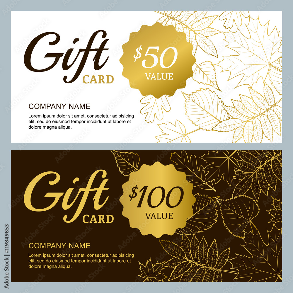 Vector gift voucher template with golden outline fall leaves. Gold ...