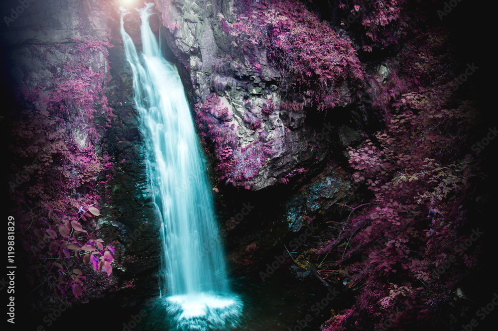 Charming waterfall in the enchanted forest Stock Photo | Adobe Stock