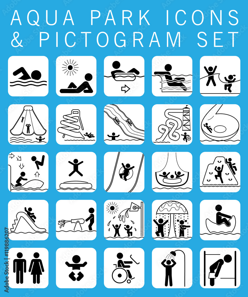 Collection of pictograms and signs for aqua park. Water park. Summer ...