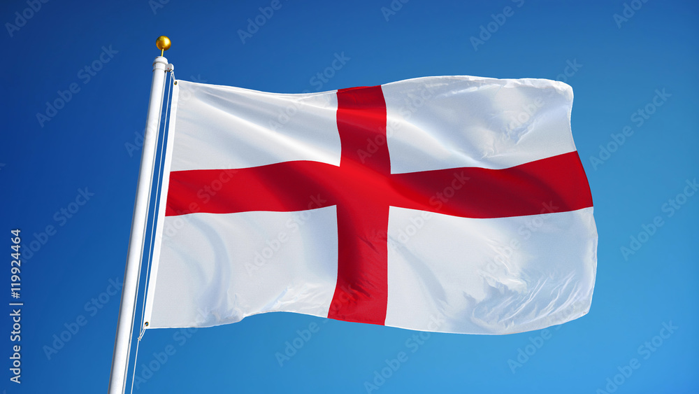 England flag waving against clean blue sky, close up, isolated with ...