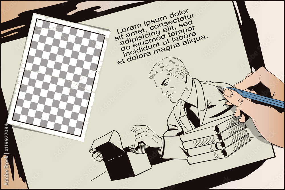 People in retro style. Man looks paper files. Stock Vector | Adobe Stock