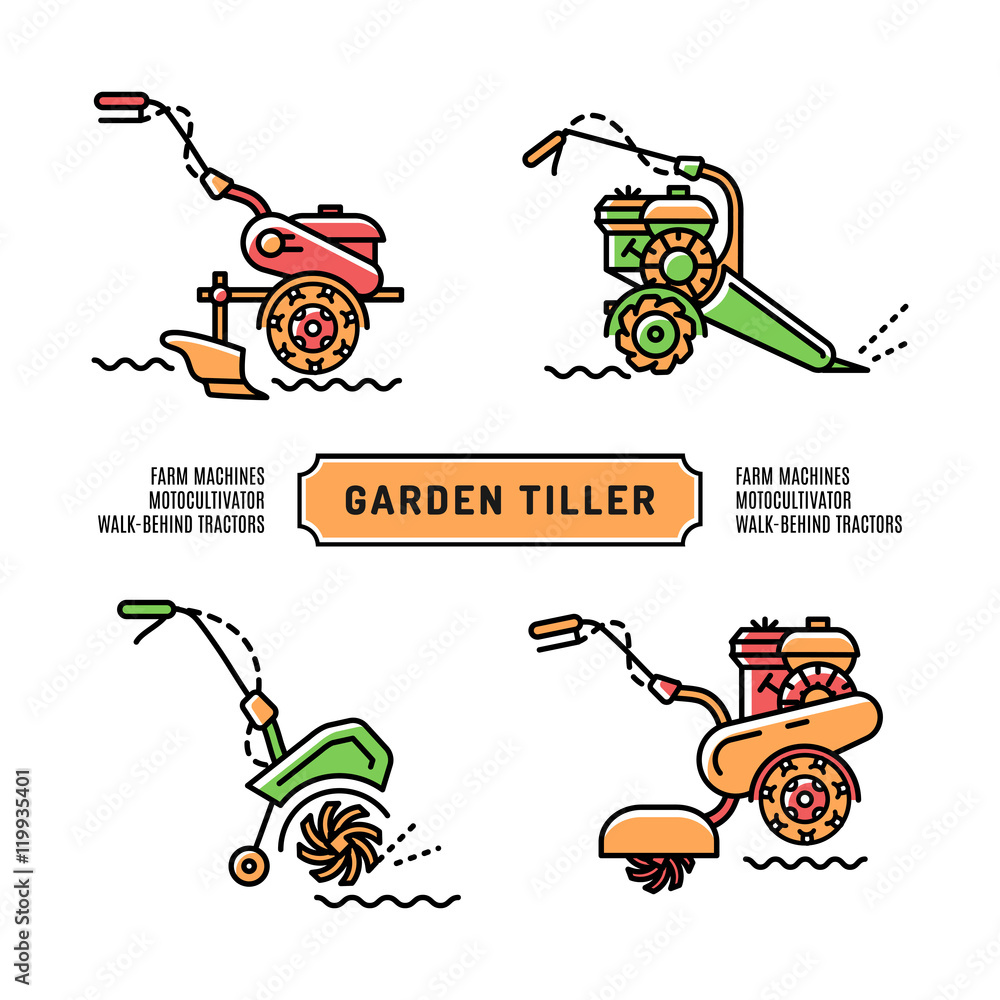 Set logos Garden Tiller on a white background, isolated icons in the ...