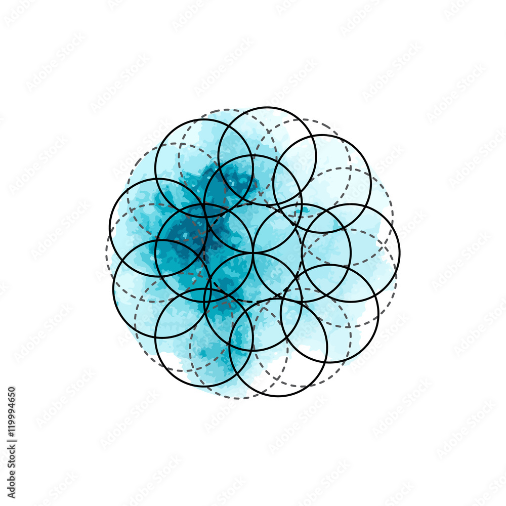 Symbol of alchemy and sacred geometry on the blue watercolor background ...