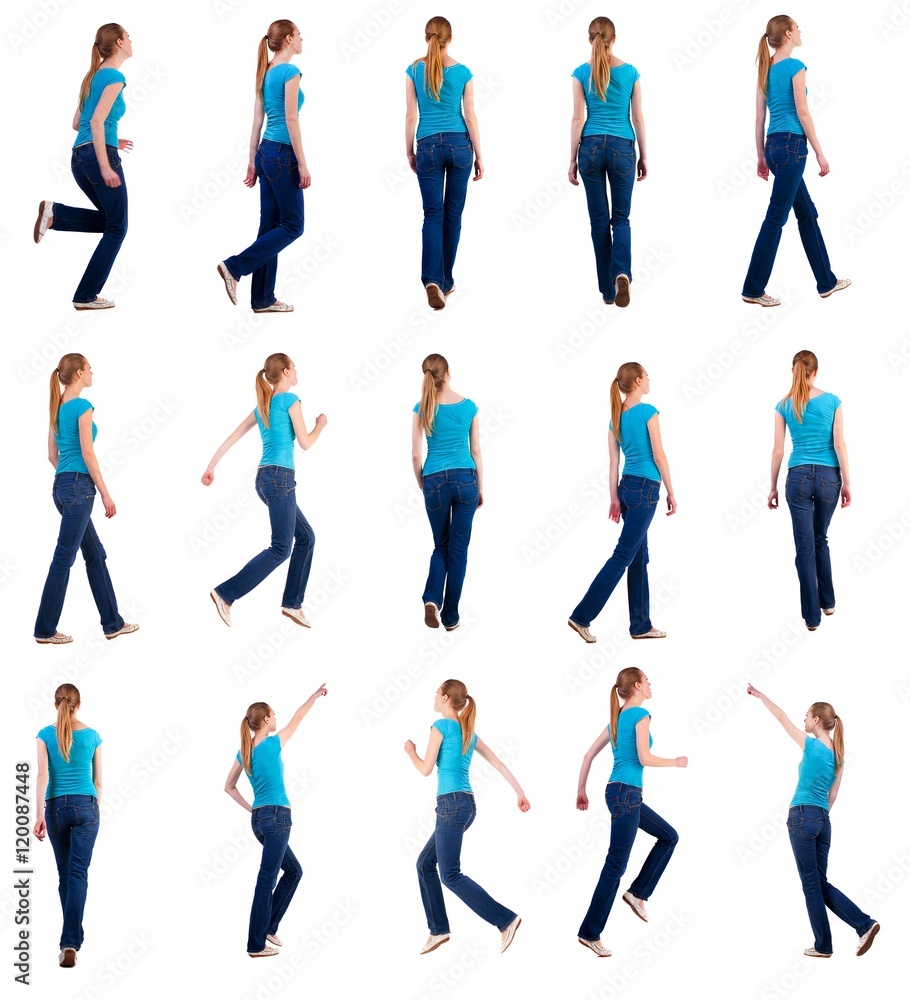 set back view of walking and running woman in jeans . beautiful blonde ...