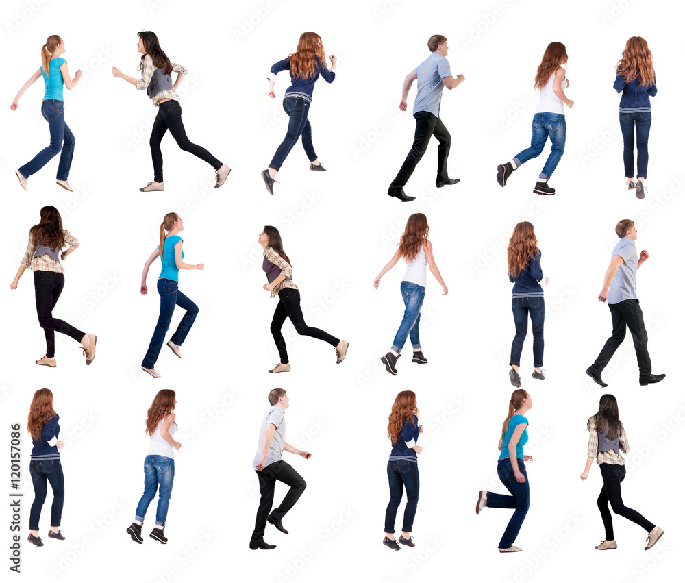 collection back view of running people . walking people in motion set ...
