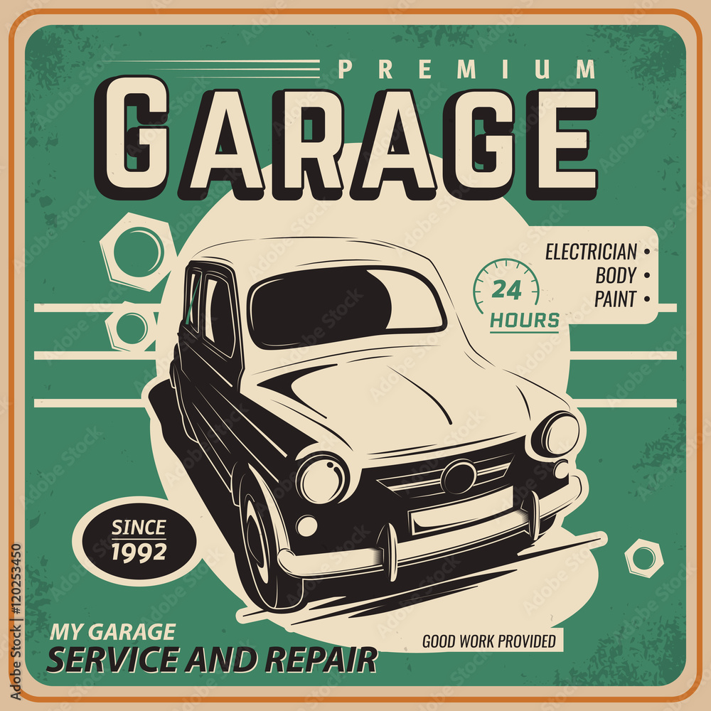 Vector illustration with the image of an old classic car, design logos ...