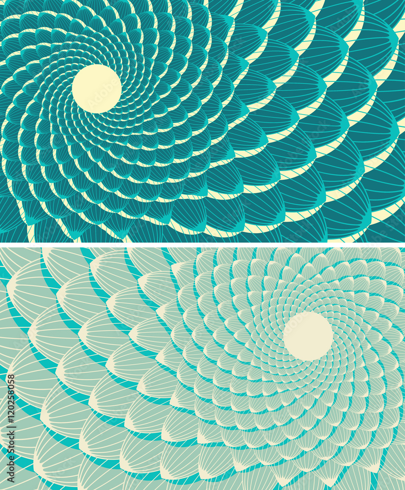 two vintage posters backgrounds with a swirl of snakes scales in blue ...