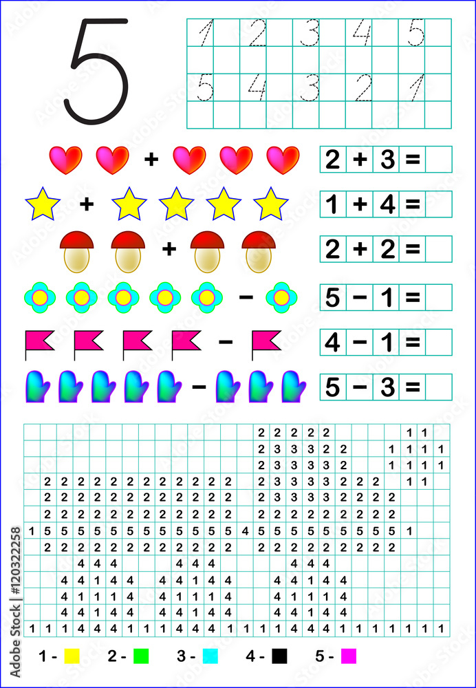 Educational page for children with number 5. Developing skills for ...