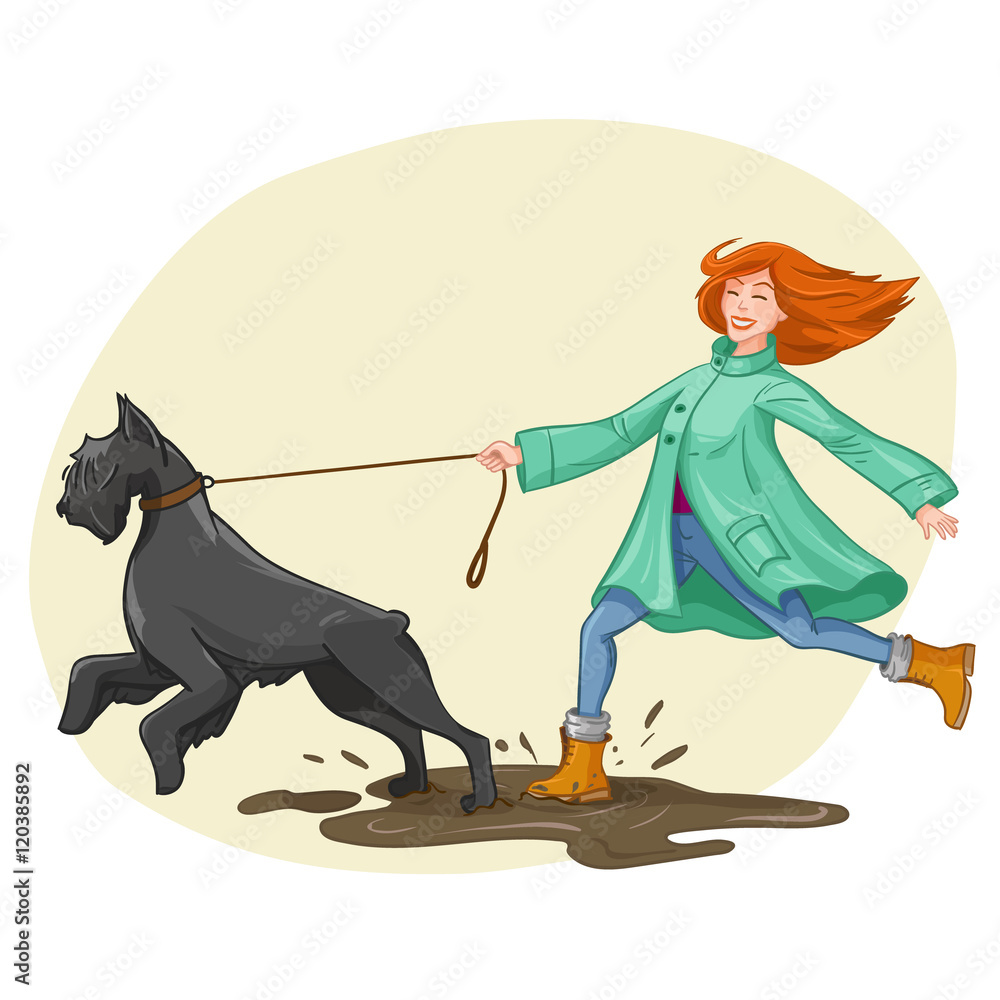 Woman walk, run with dog. Vector illustration Stock Vector | Adobe Stock