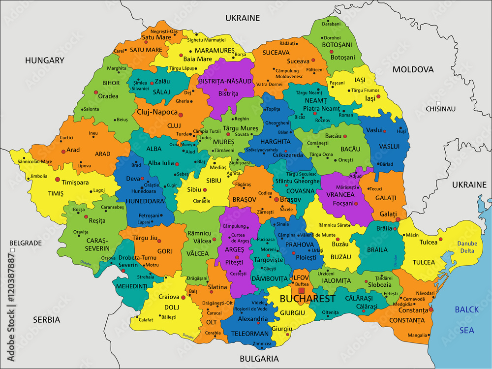 Colorful Romania political map with clearly labeled, separated layers ...