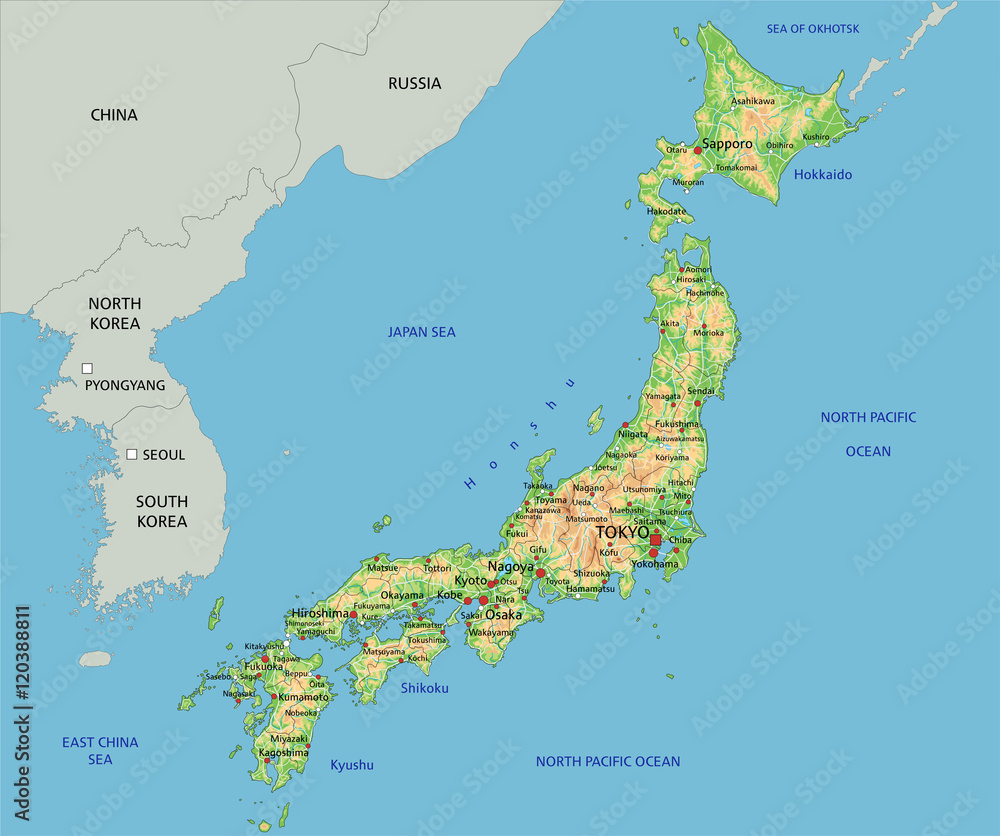 High detailed Japan physical map. Stock Vector | Adobe Stock