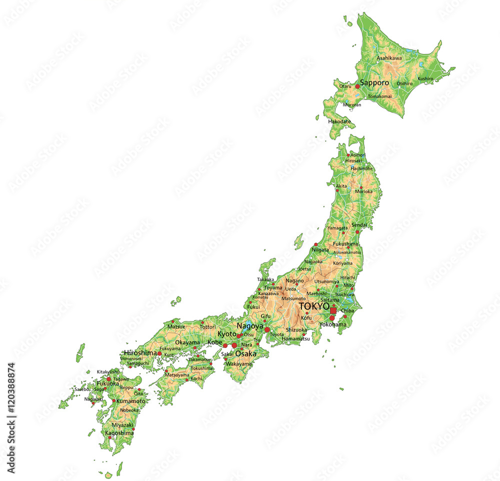 High detailed Japan physical map. Stock Vector | Adobe Stock