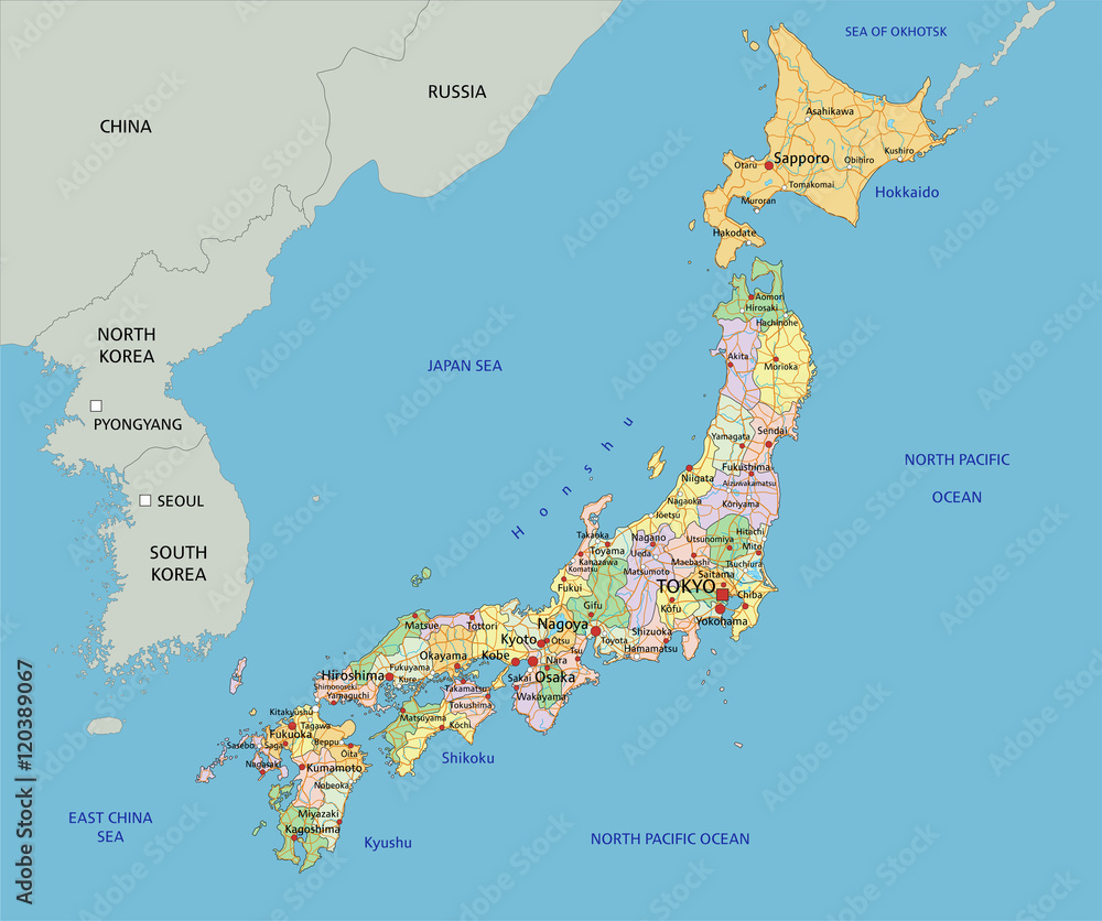 เวกเตอร์ Stock Japan - Highly detailed editable political map with ...