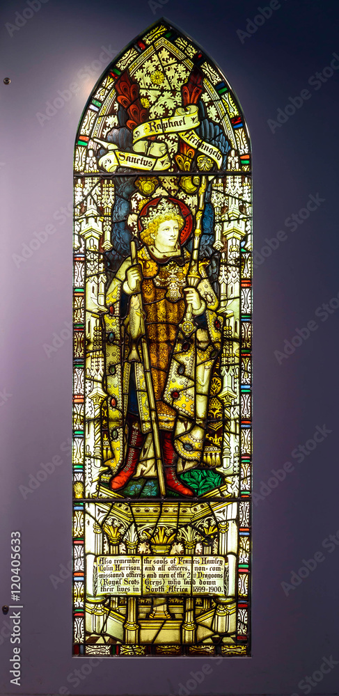 Stained glass church window with St Raphael the Archangel Stock Photo ...