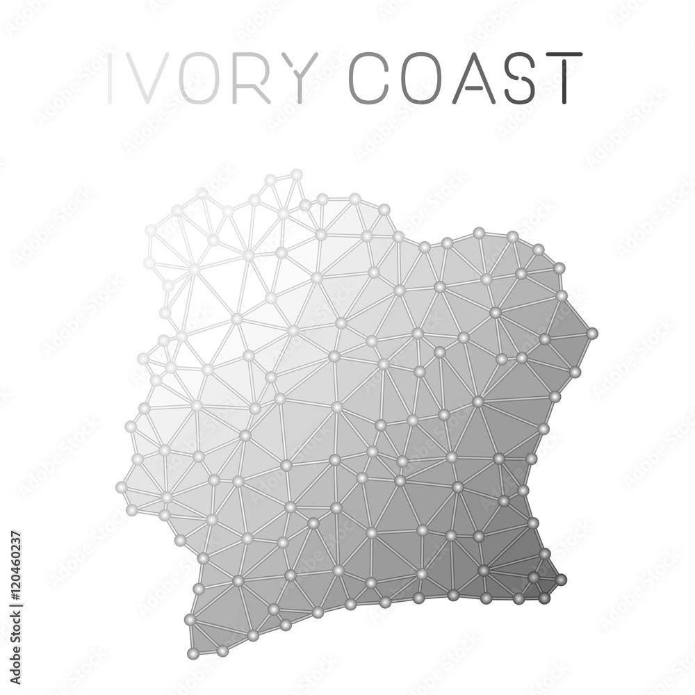 Cote D'Ivoire polygonal vector map. Molecular structure country map design. Network connections ...