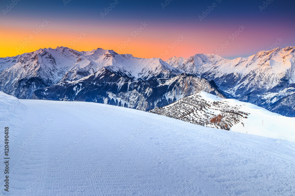 Majestic winter landscape and fantastic sunset,Alpe d Huez,France ...