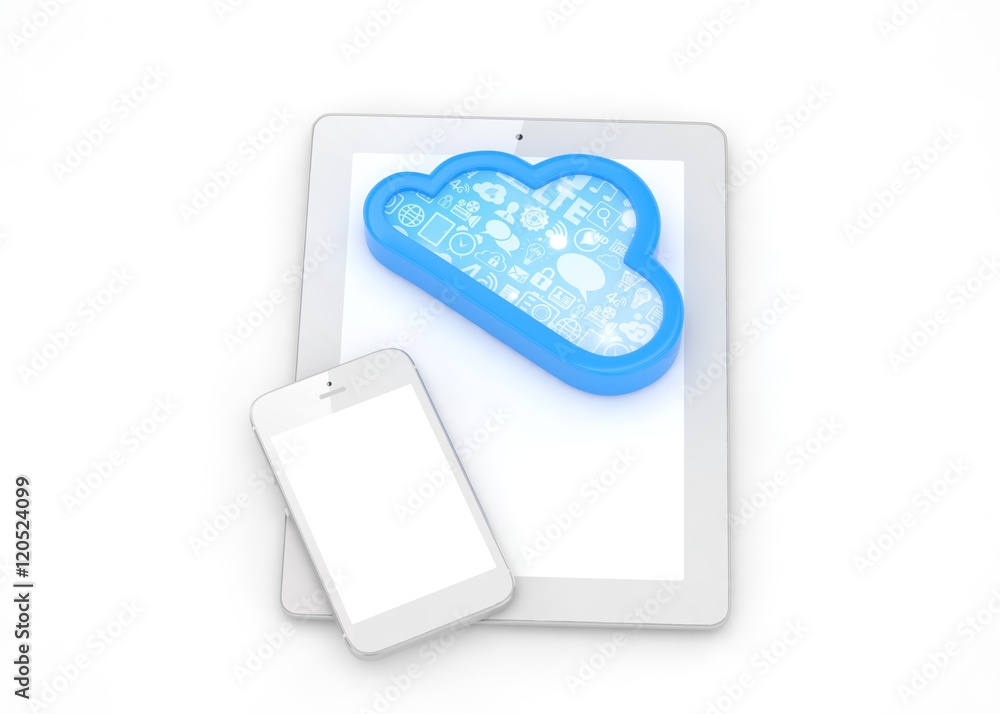 tablet pc, smart phone and cloud. 3d rendering. Stock Illustration ...