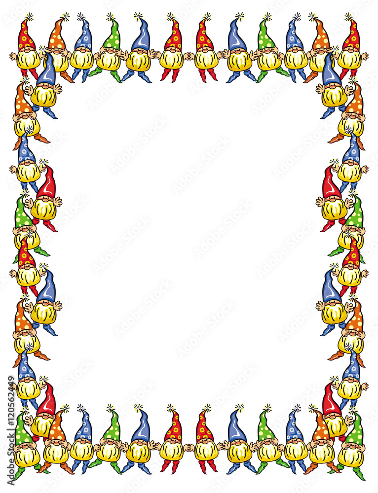 Vector frame with cute gnomes in colorful caps. Funny background for ...