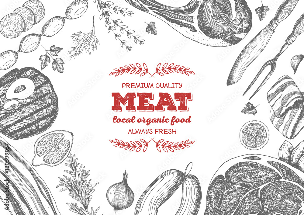 Vintage meat frame. Vector illustration. Linear graphic design. Hand ...