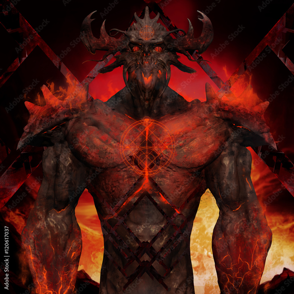 3D illustration of a devil torso art. Artwork of a muscle built hell ...