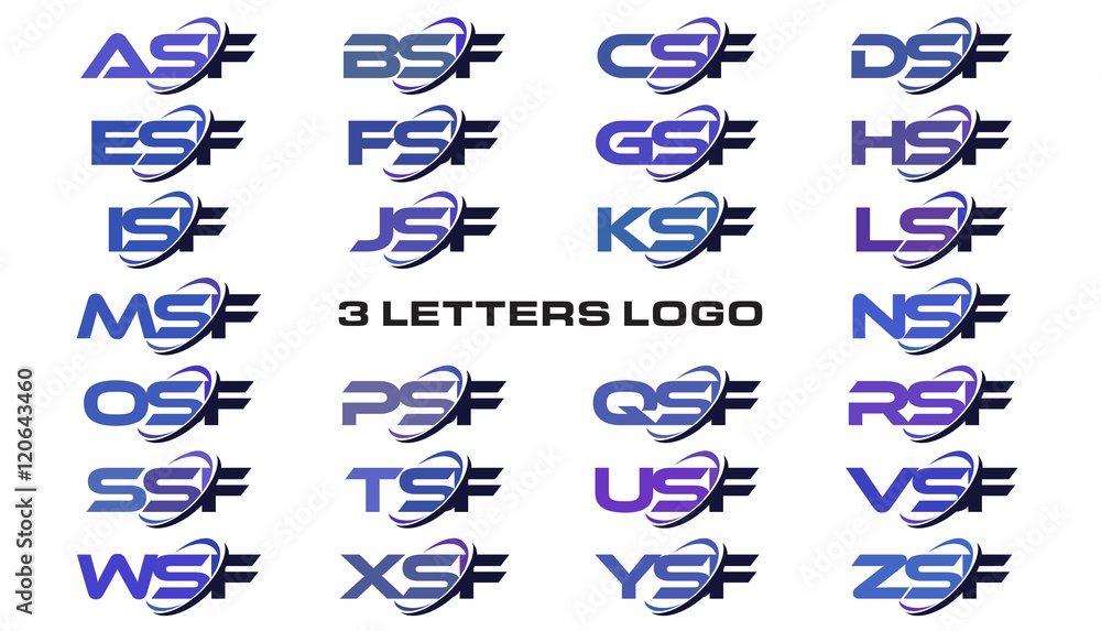 3 letters modern generic swoosh logo ASF, BSF, CSF, DSF, ESF, FSF, GSF ...