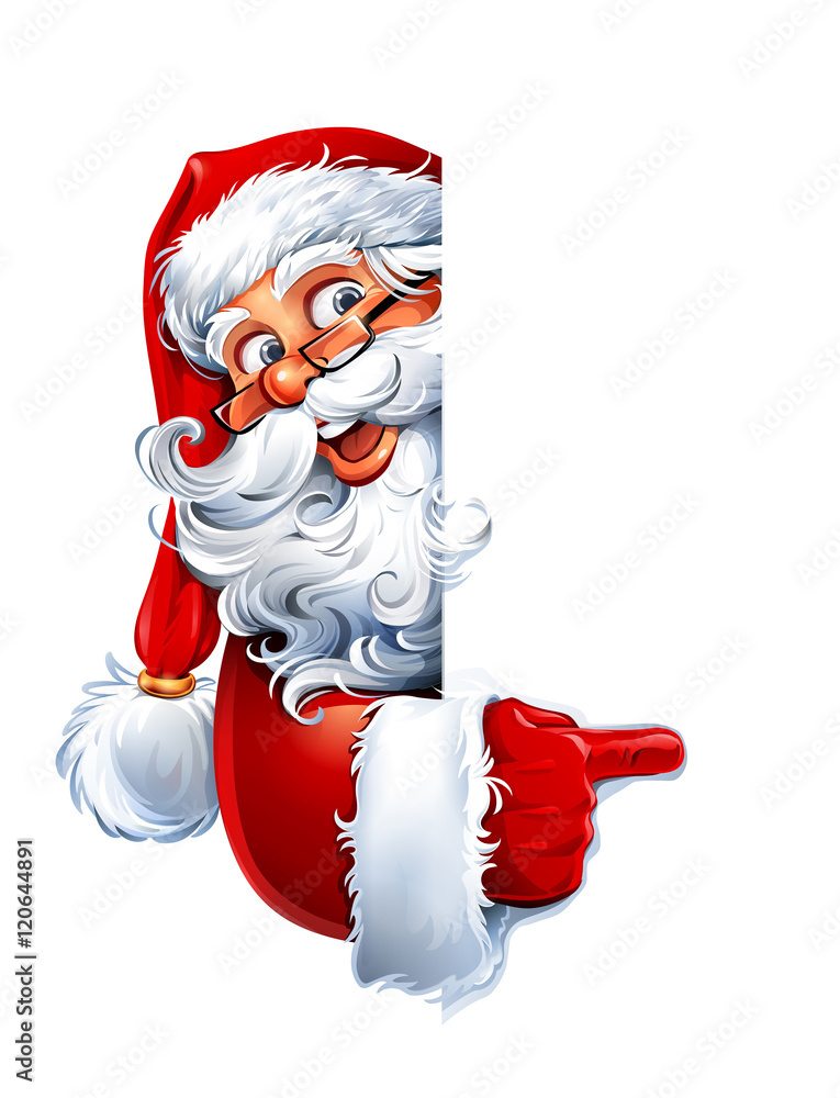 Vector illustration of cartoon Santa Claus character showing a blank ...