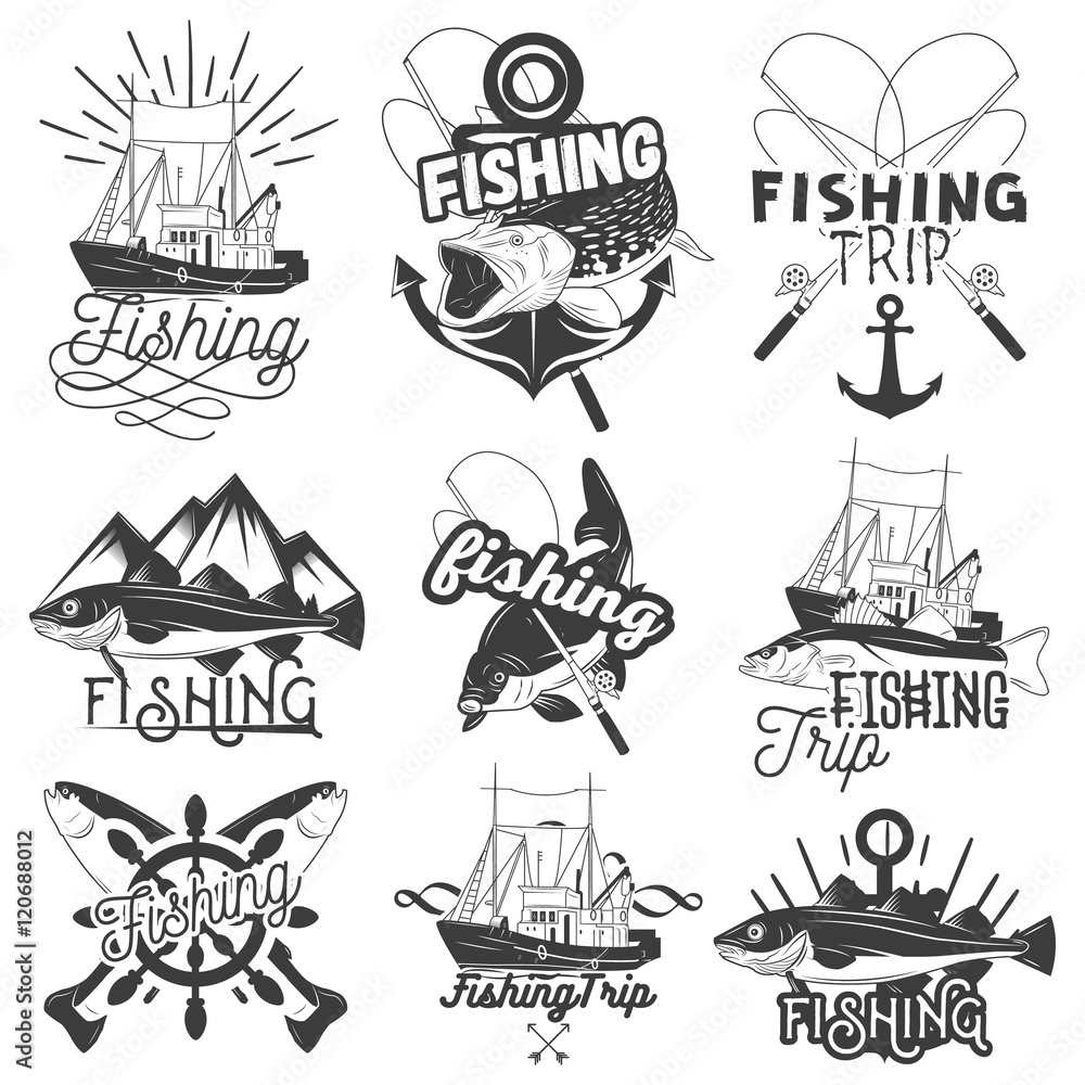 Vector set of monochrome fishing trip emblems. Isolated badges, labels ...
