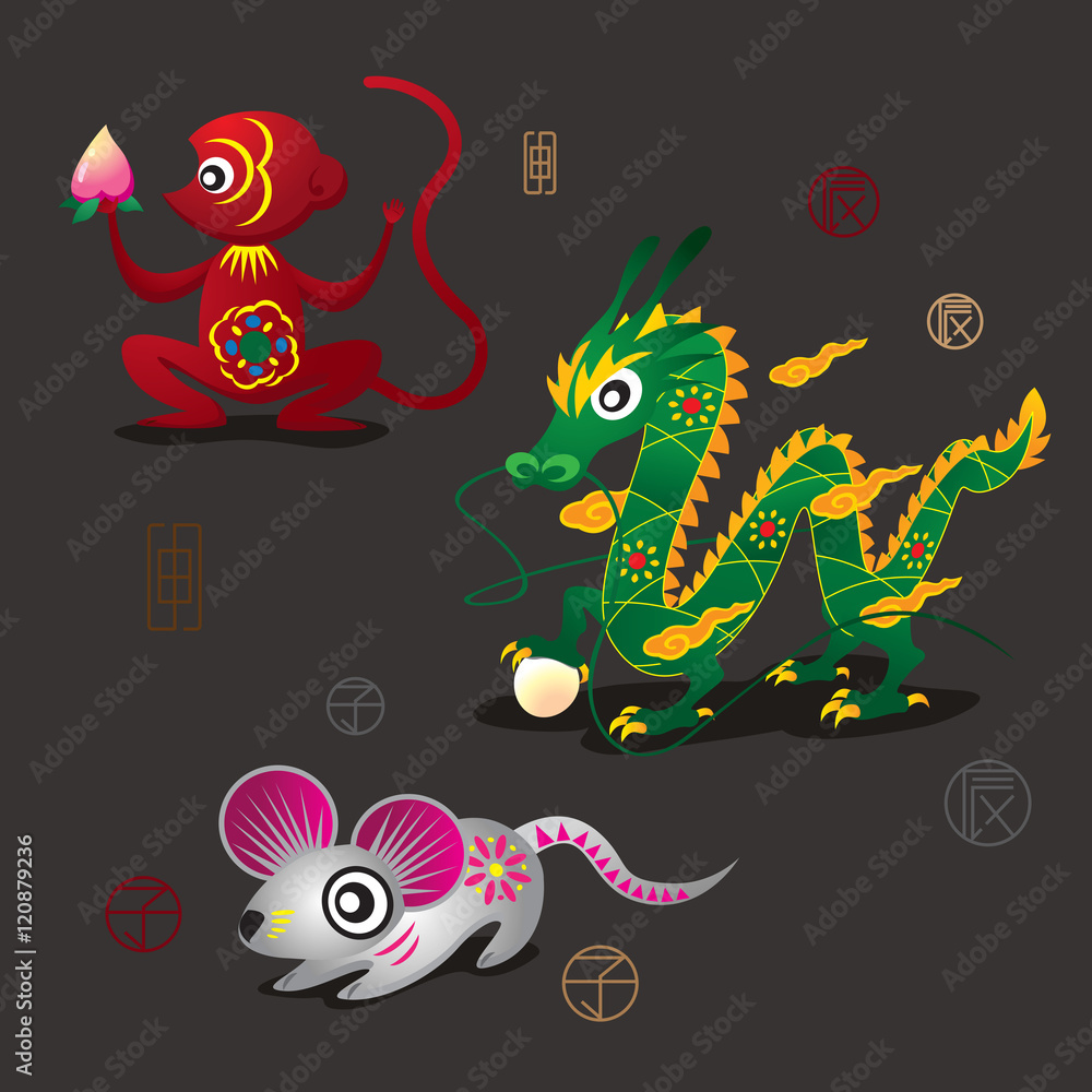 3 Chinese Zodiac Mascots: Monkey, Dragon and Rat Stock Vector | Adobe Stock