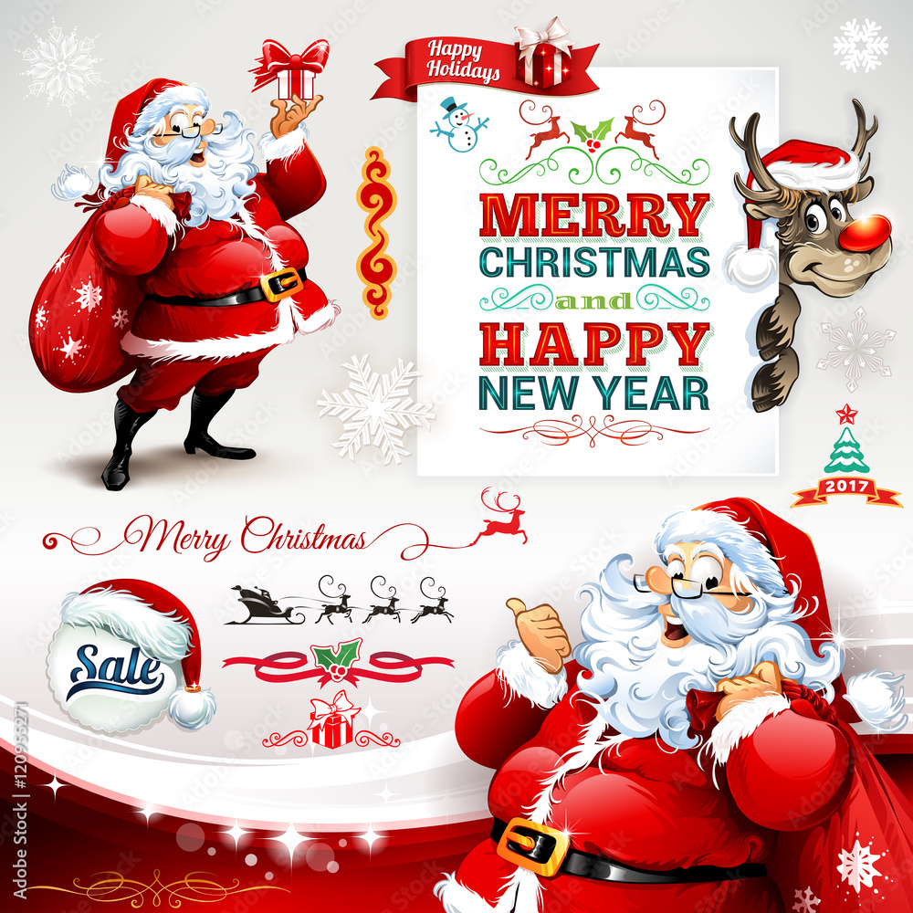 Vector set of vintage Christmas labels, badges and banners with cartoon ...