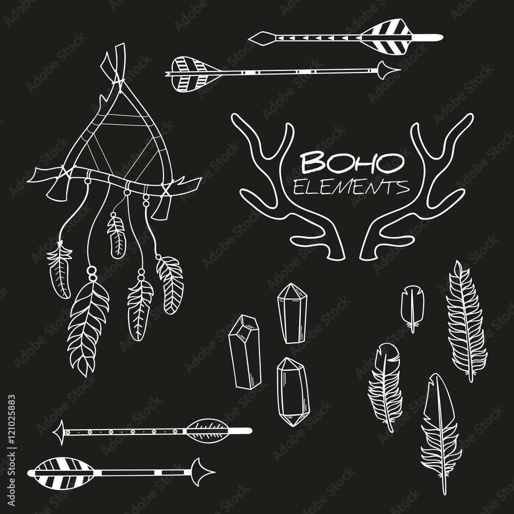 Set of Hand Drawn Boho Elements / Boho Style Decorative Symbols Stock ...